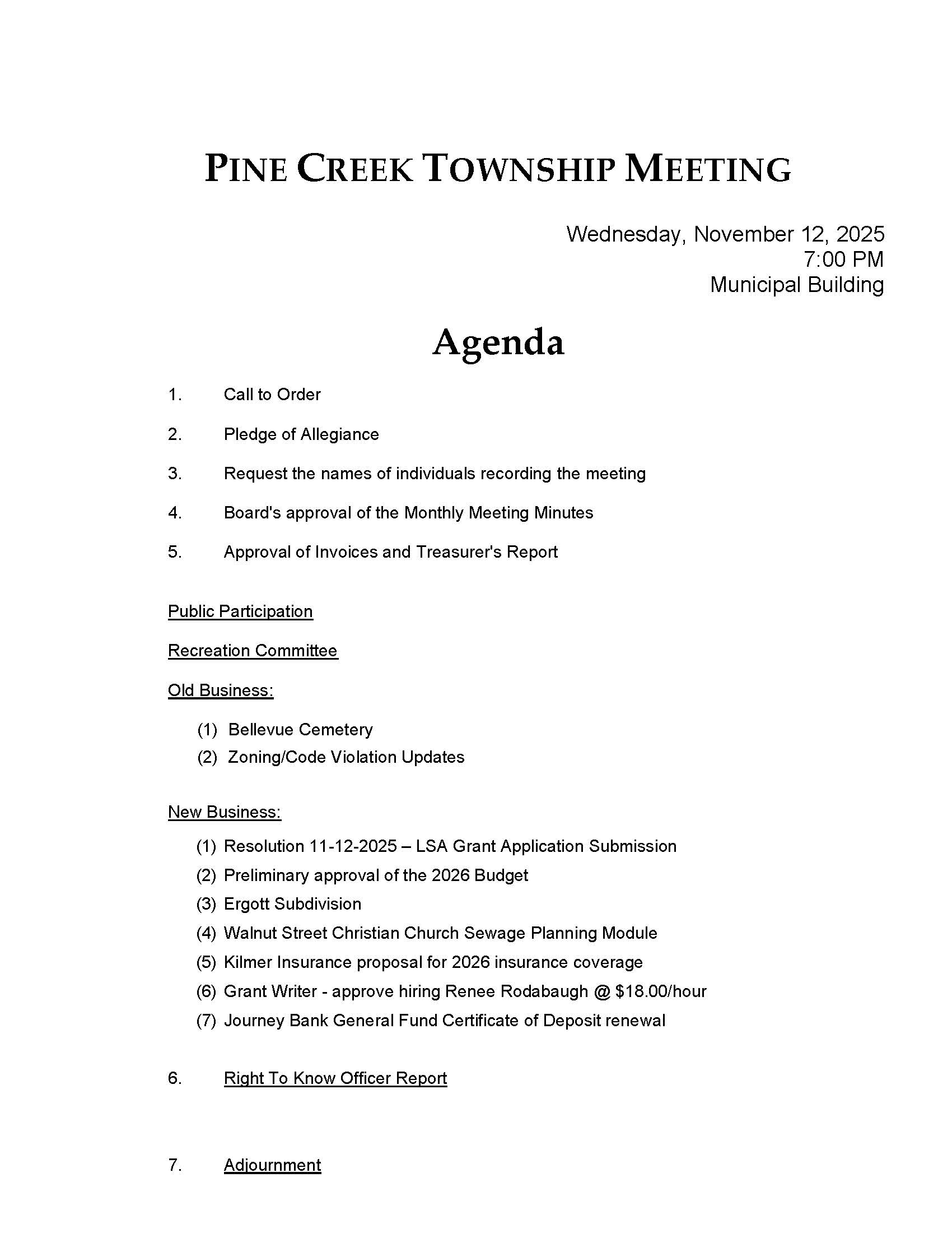 November 2025 Meeting Agenda – Pine Creek Township